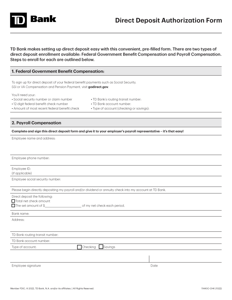 Free TD Bank Direct Deposit Authorization Form | PDF