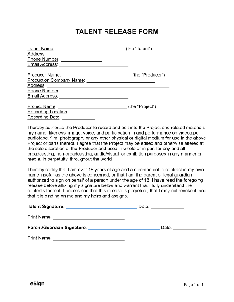 Free Talent Release Form | PDF | Word