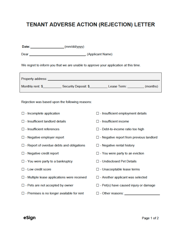 Free Tenant Rejection Letter | Adverse Action | PDF | Word