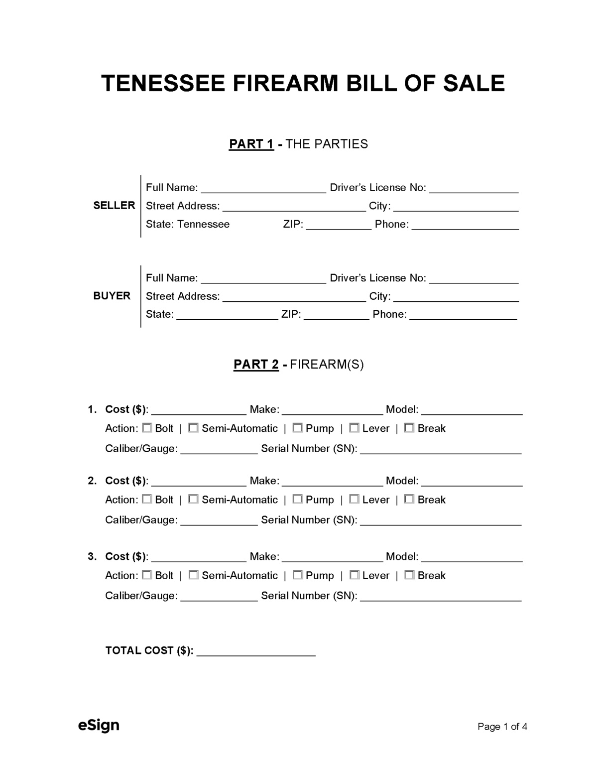Free Tennessee Firearm Bill of Sale Form | PDF | Word