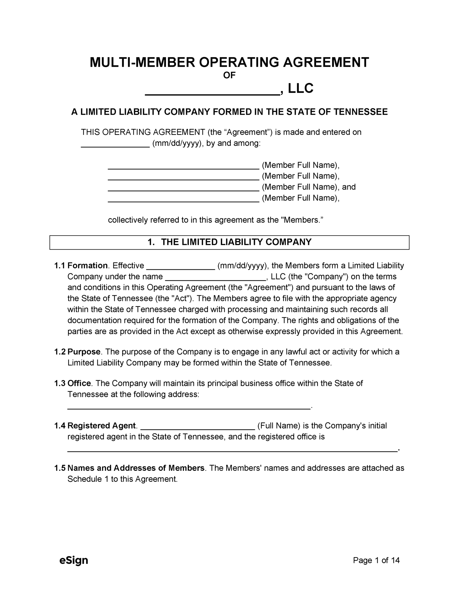 Free Tennessee LLC Operating Agreement Template | PDF | Word