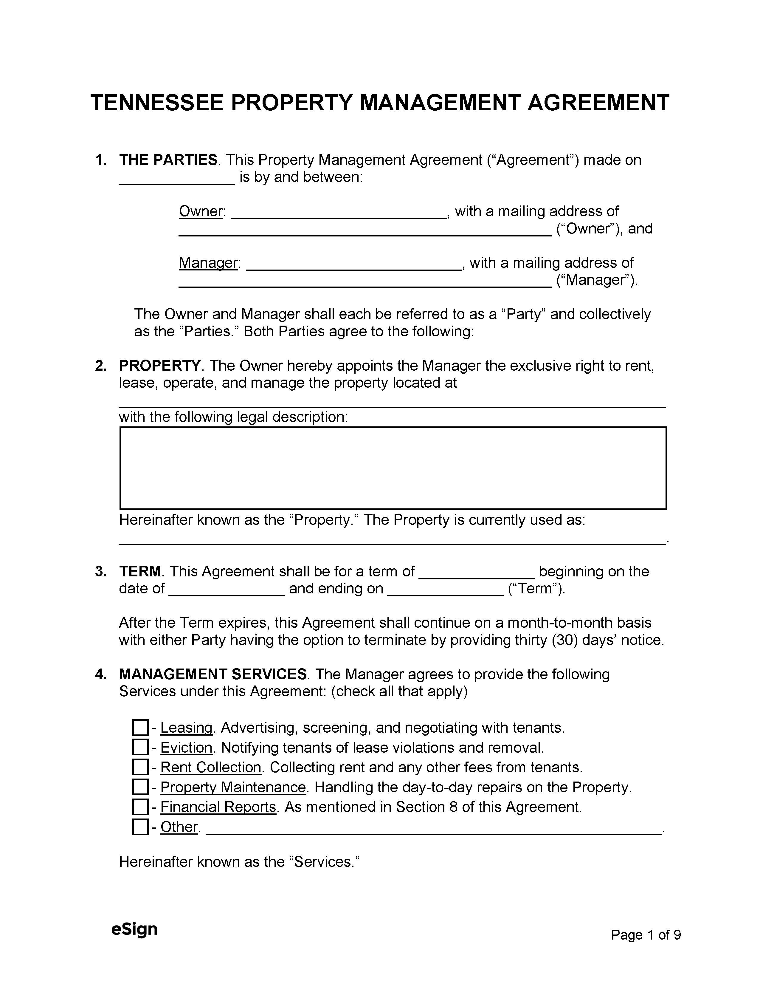 Free Tennessee Property Management Agreement PDF Word