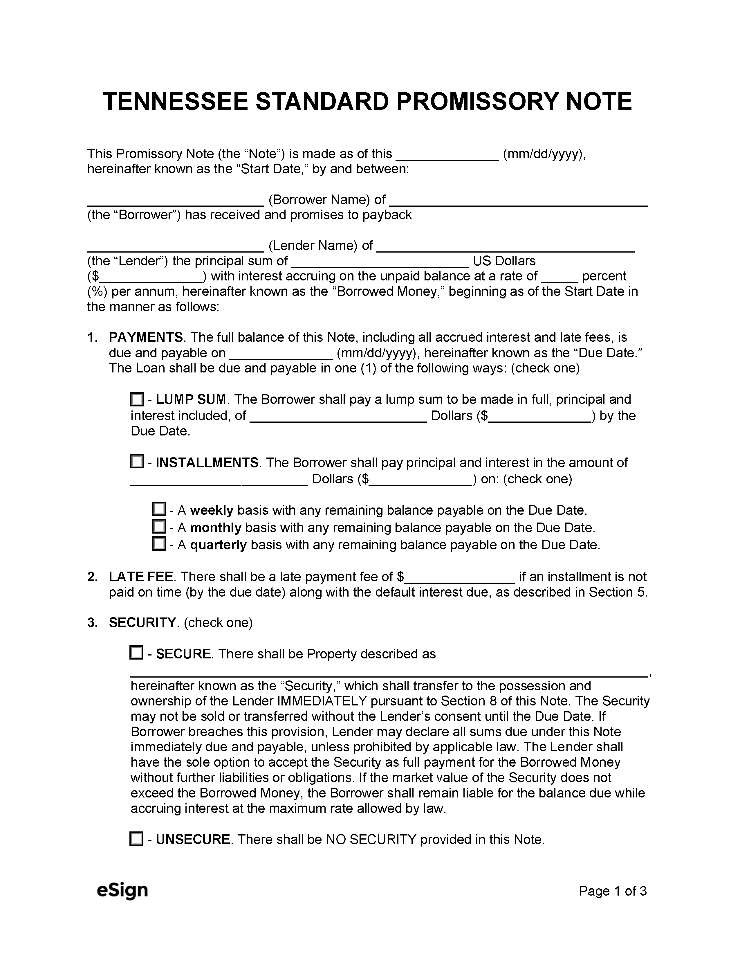 Free Tennessee Promissory Note Template PDF Word