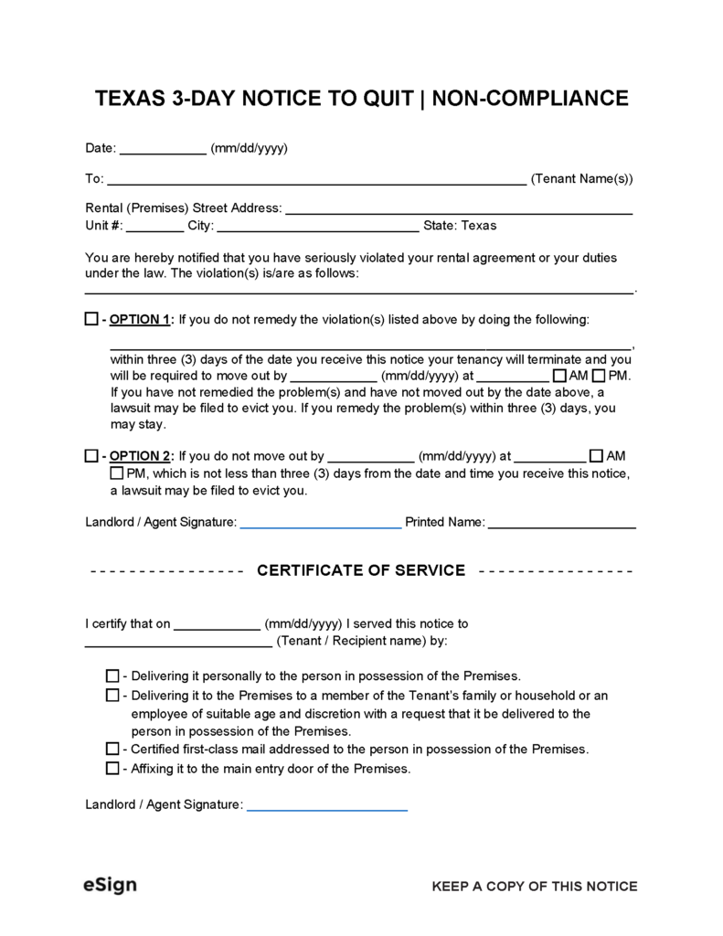 Free Texas 3 Day Notice To Quit Non Compliance PDF Word
