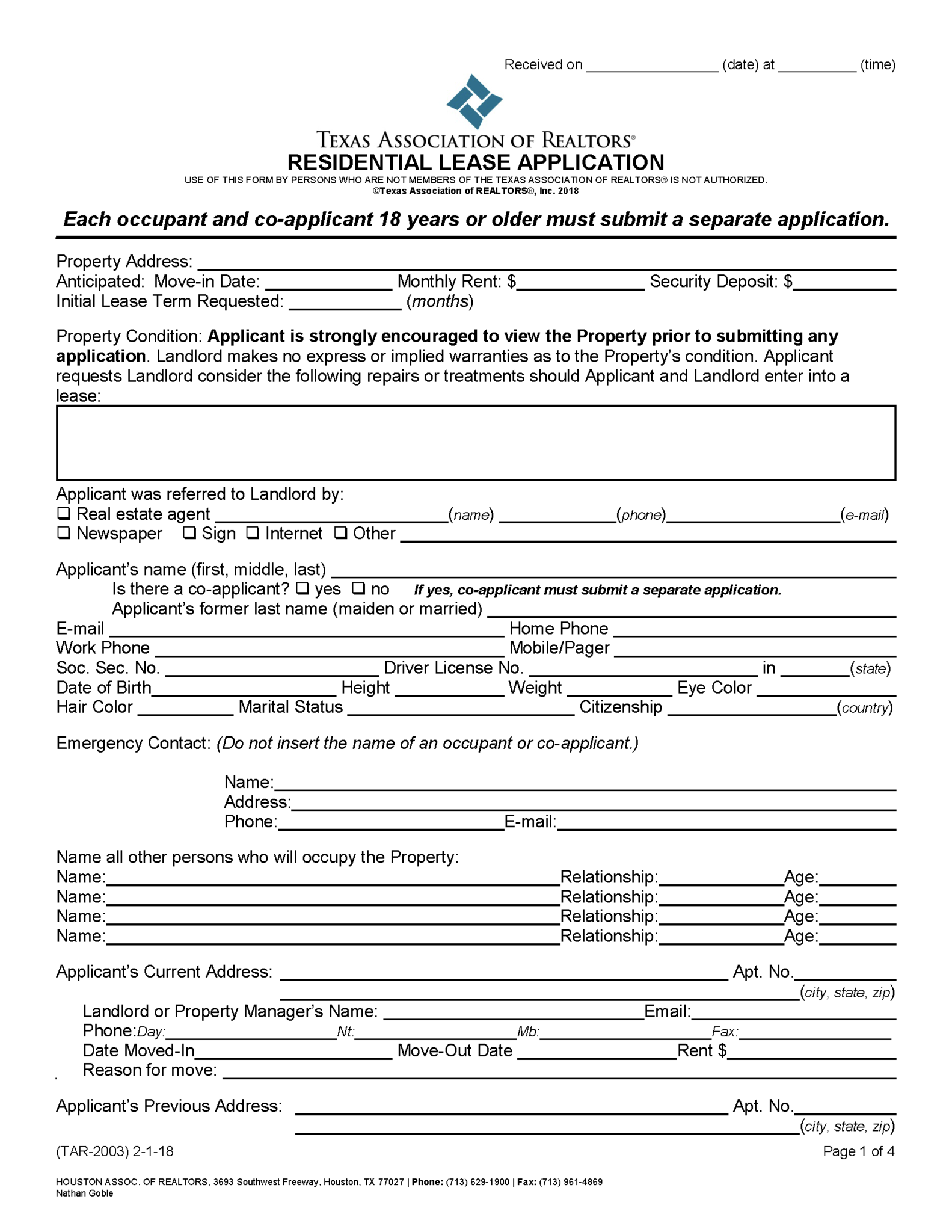 Free Texas Rental Application Form Template | PDF | Word