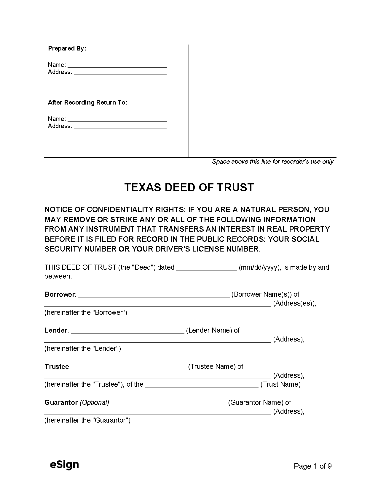 Free Texas Deed Of Trust Form PDF Word