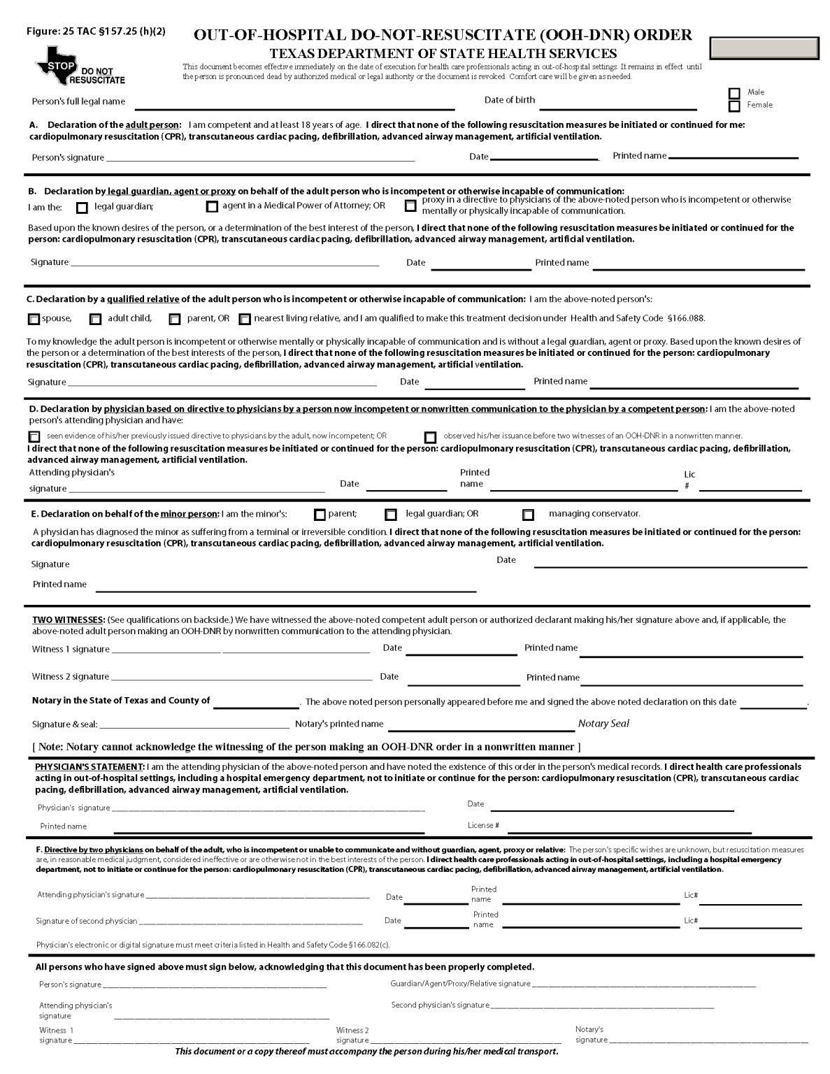 Free Texas Do Not Resuscitate (DNR) Form | PDF