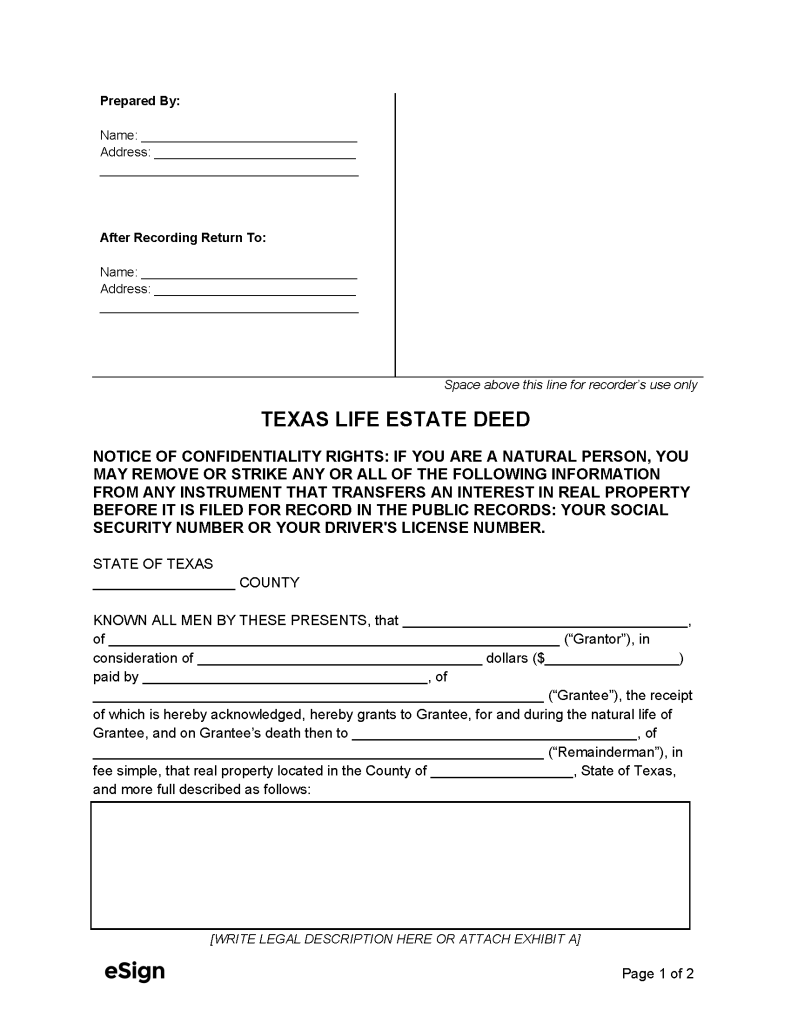 Free Texas Life Estate Deed Form | PDF | Word