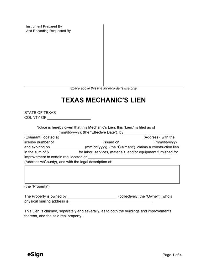 Free Texas Mechanic's Lien Form | PDF | Word