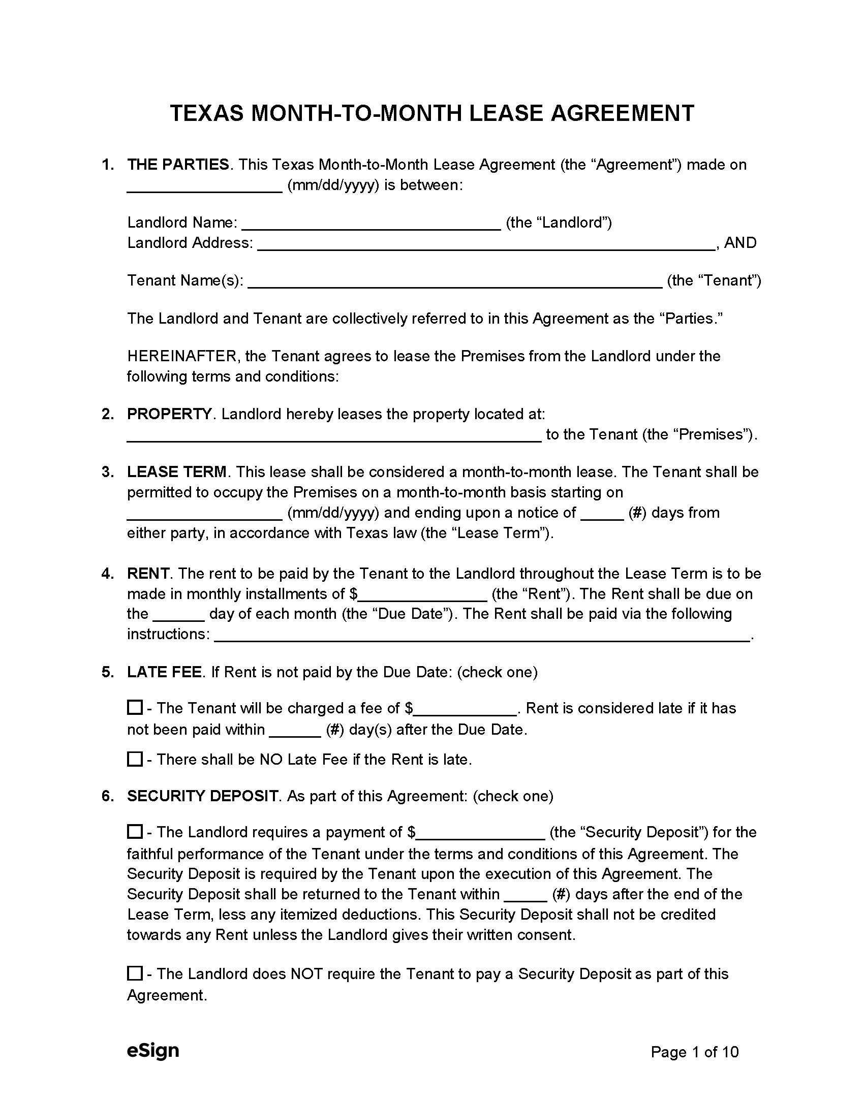 Free Texas Month to Month Lease Agreement PDF