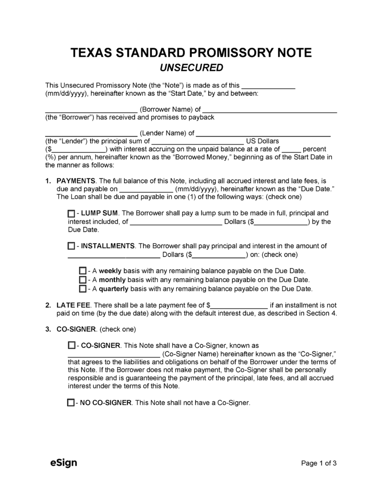 Free Texas Unsecured Promissory Note Template | PDF | Word
