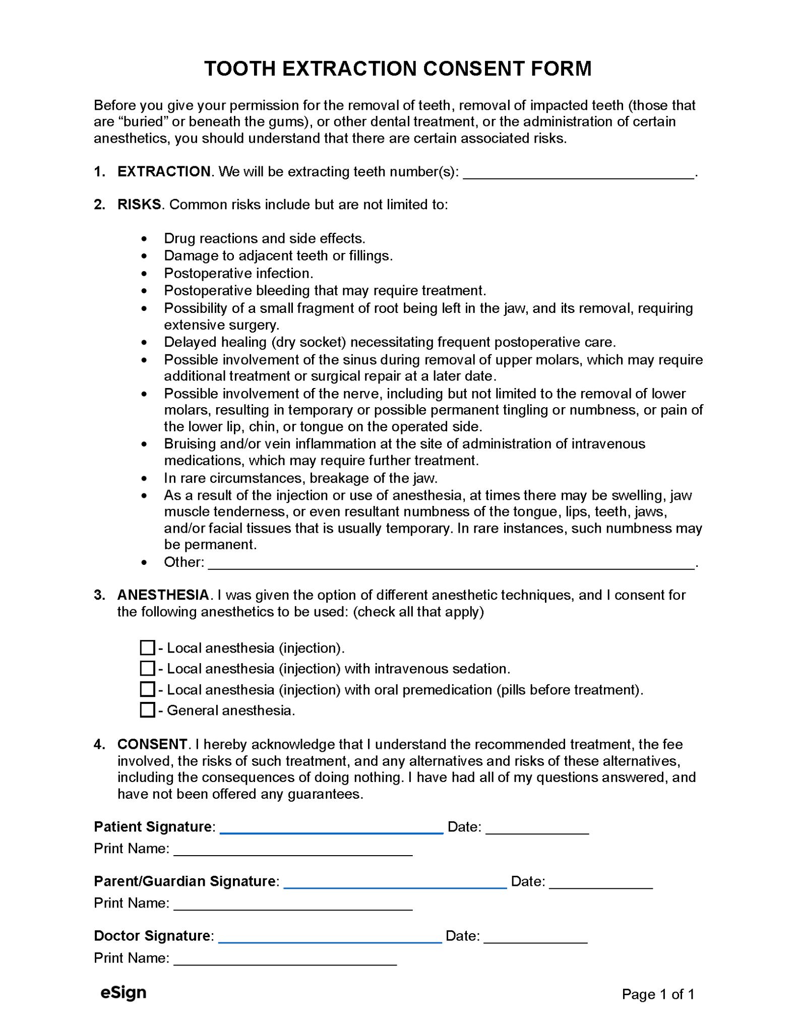 Free Tooth Extraction (Removal) Consent Form | PDF | Word