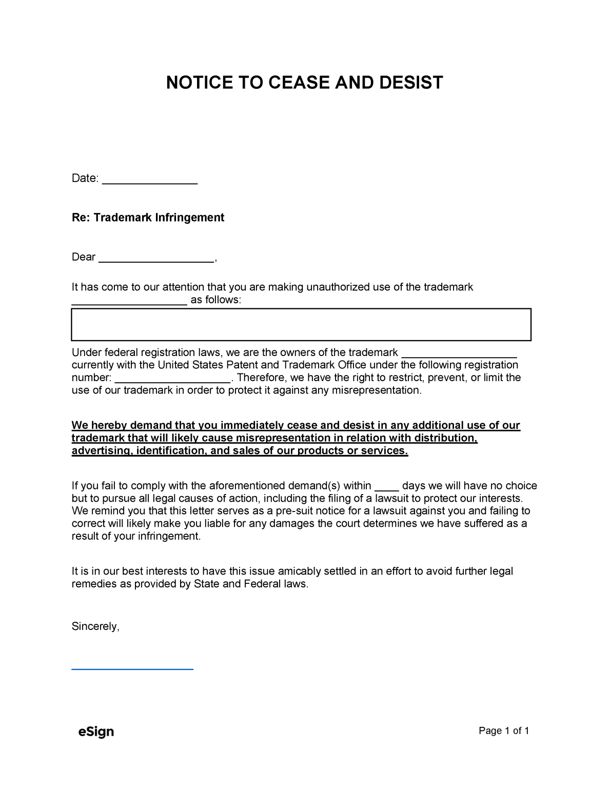 Free Trademark Infringement Cease and Desist Letter | PDF | Word