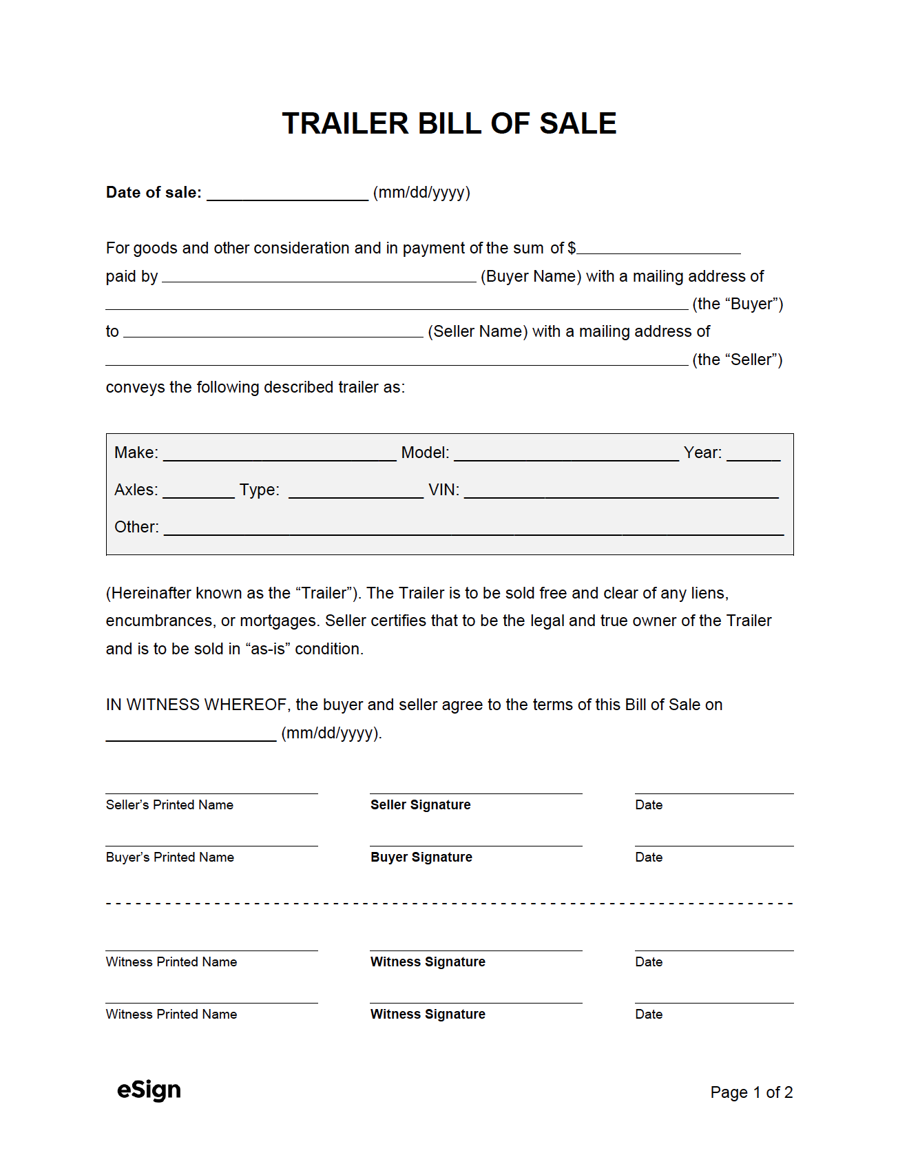 Printable Trailer Bill Of Sale Printable Templates