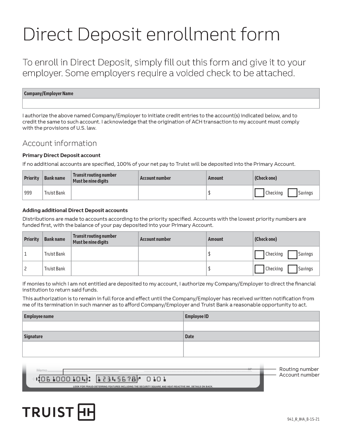 Free Truist Direct Deposit Authorization Form | PDF