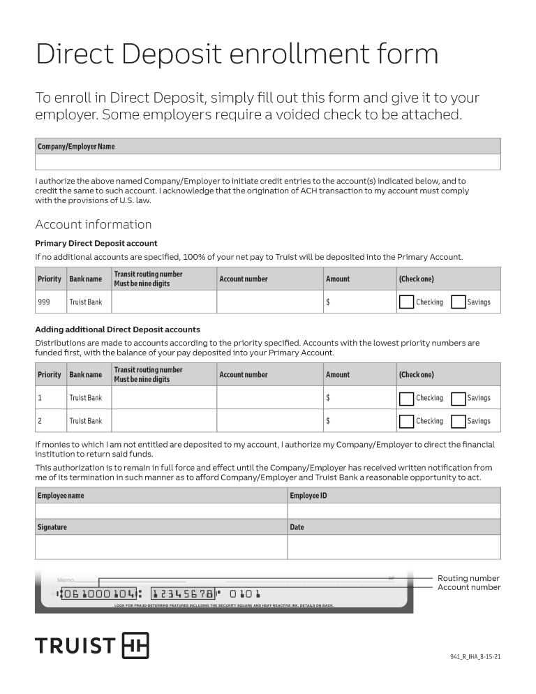 Free Truist Direct Deposit Authorization Form | PDF