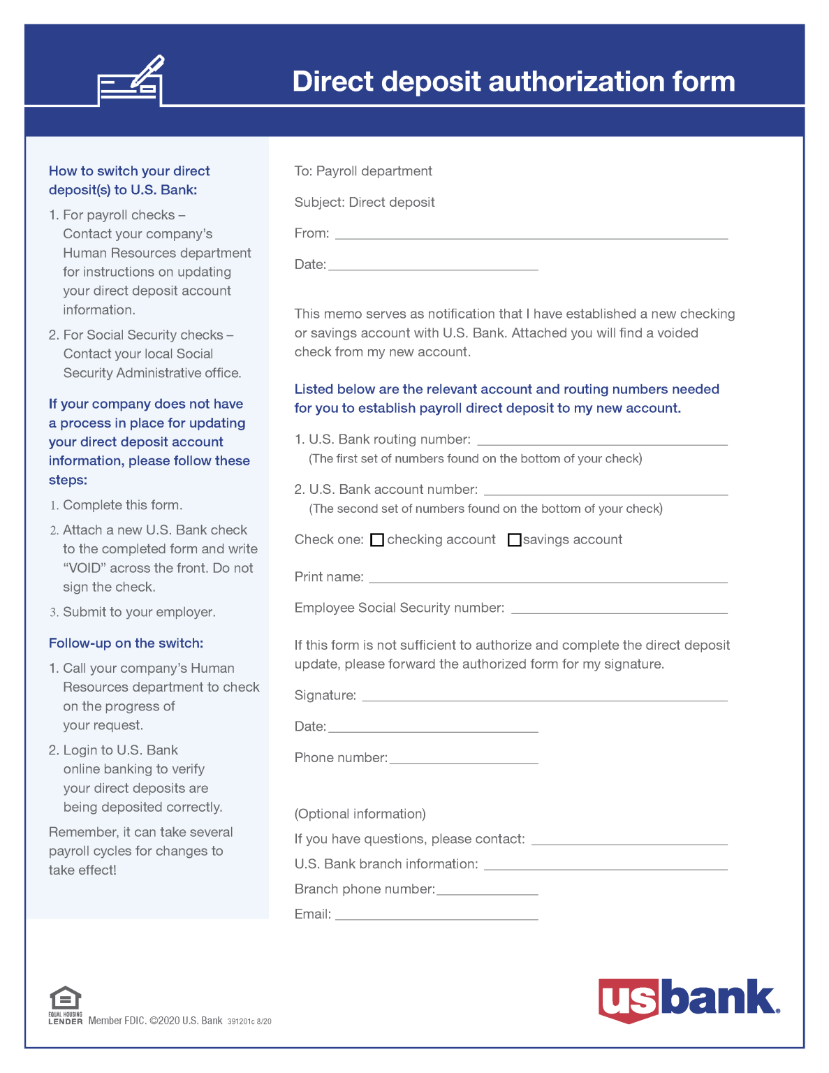 Free US Bank Direct Deposit Authorization Form | PDF