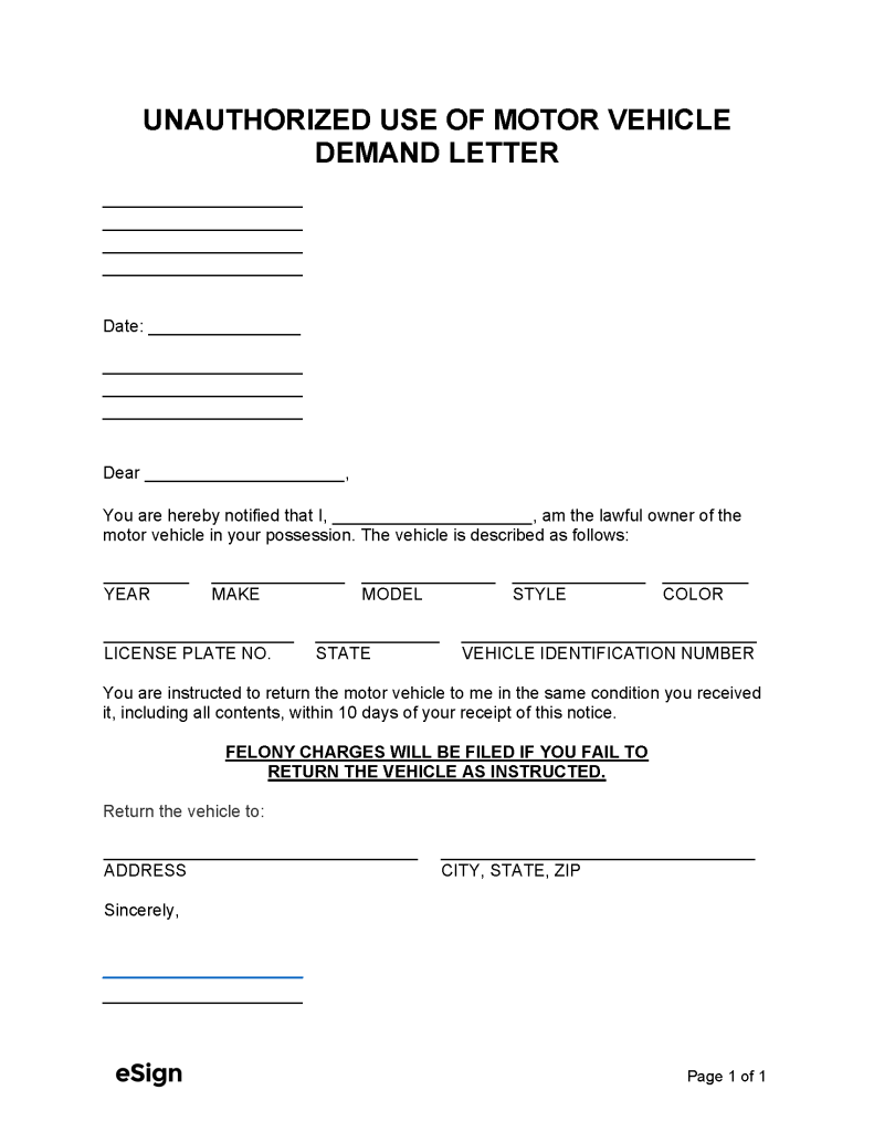 Free Unauthorized Use of a Motor Vehicle Demand Letter Template | PDF ...