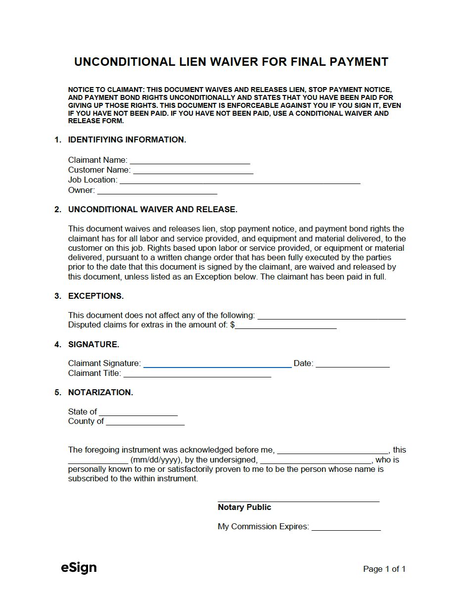 Free Unconditional Lien Waiver For Final Payment PDF Word