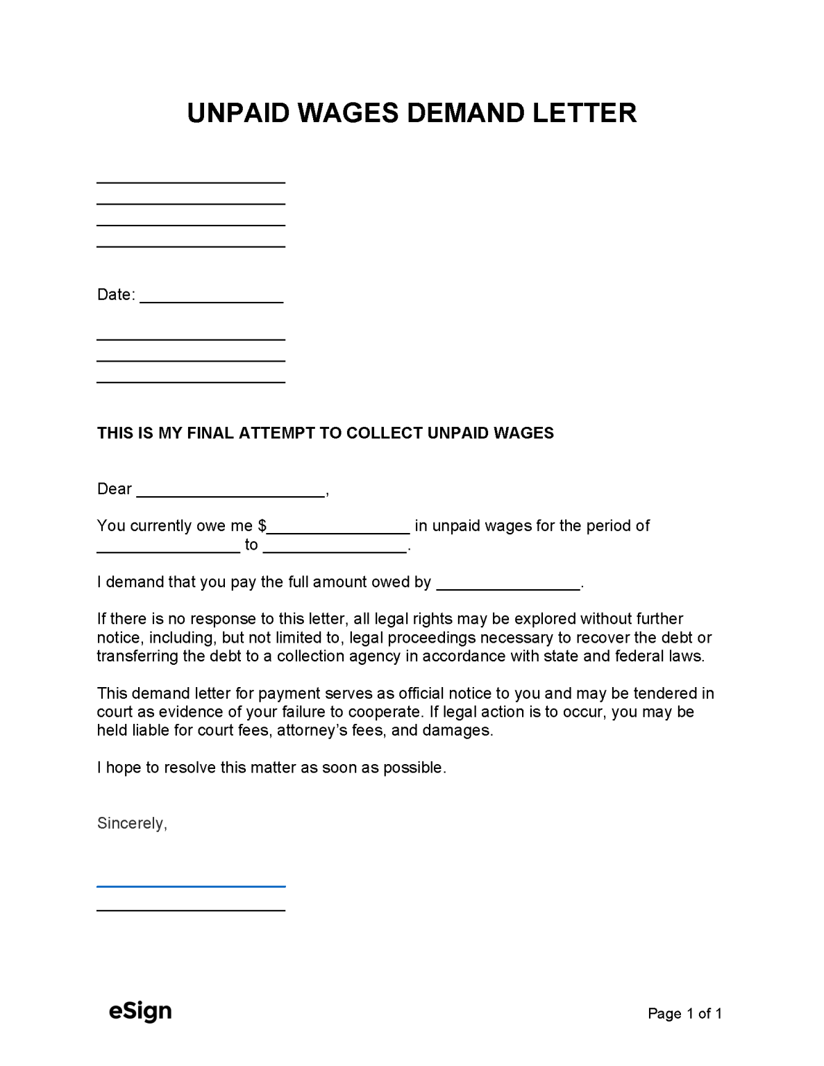 Free Unpaid Wages Demand Letter Template | PDF | Word
