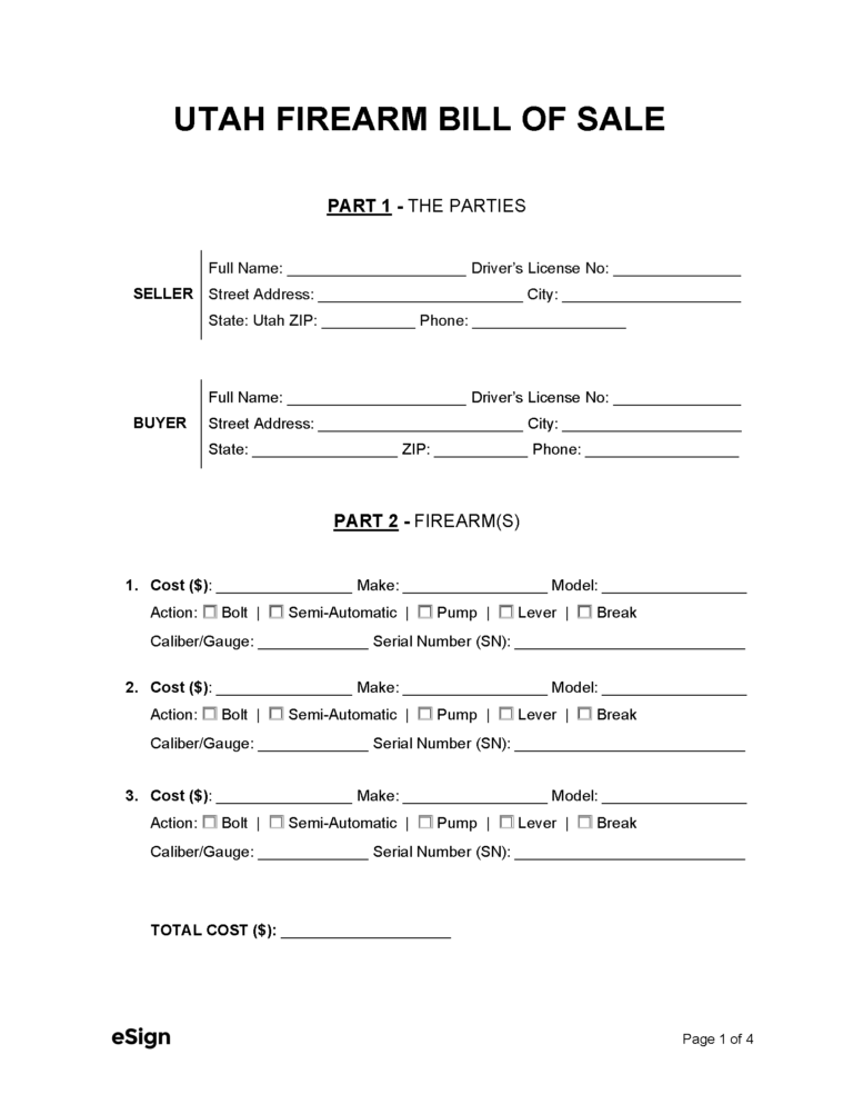 Free Utah Firearm Bill of Sale Form | PDF | Word