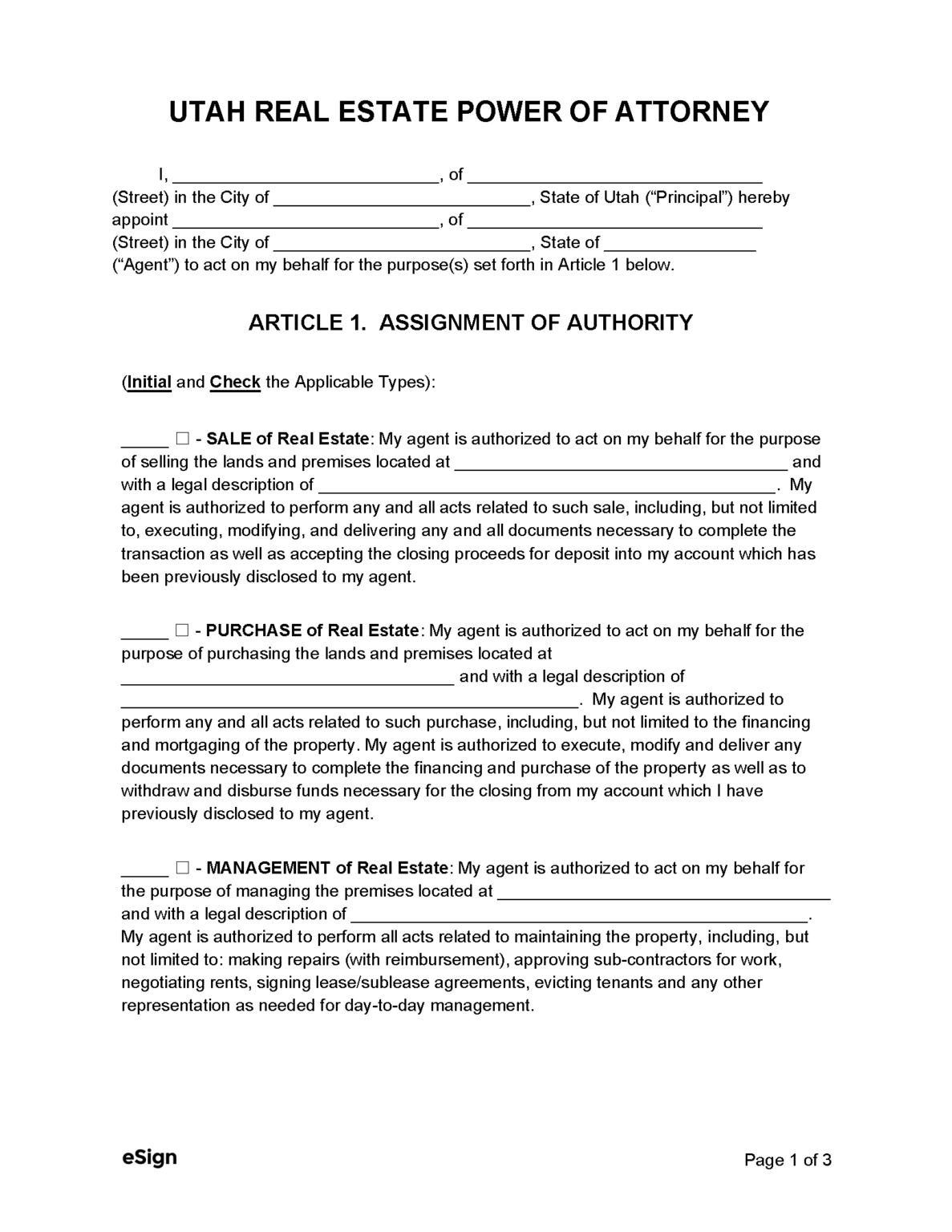 Free Utah Real Estate Power of Attorney Form | PDF | Word