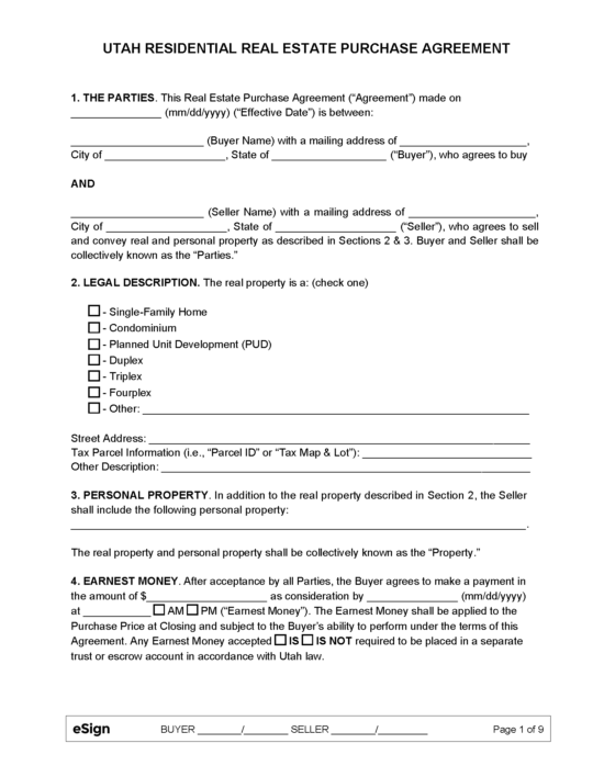 Free Utah Residential Purchase and Sale Agreement | PDF | Word