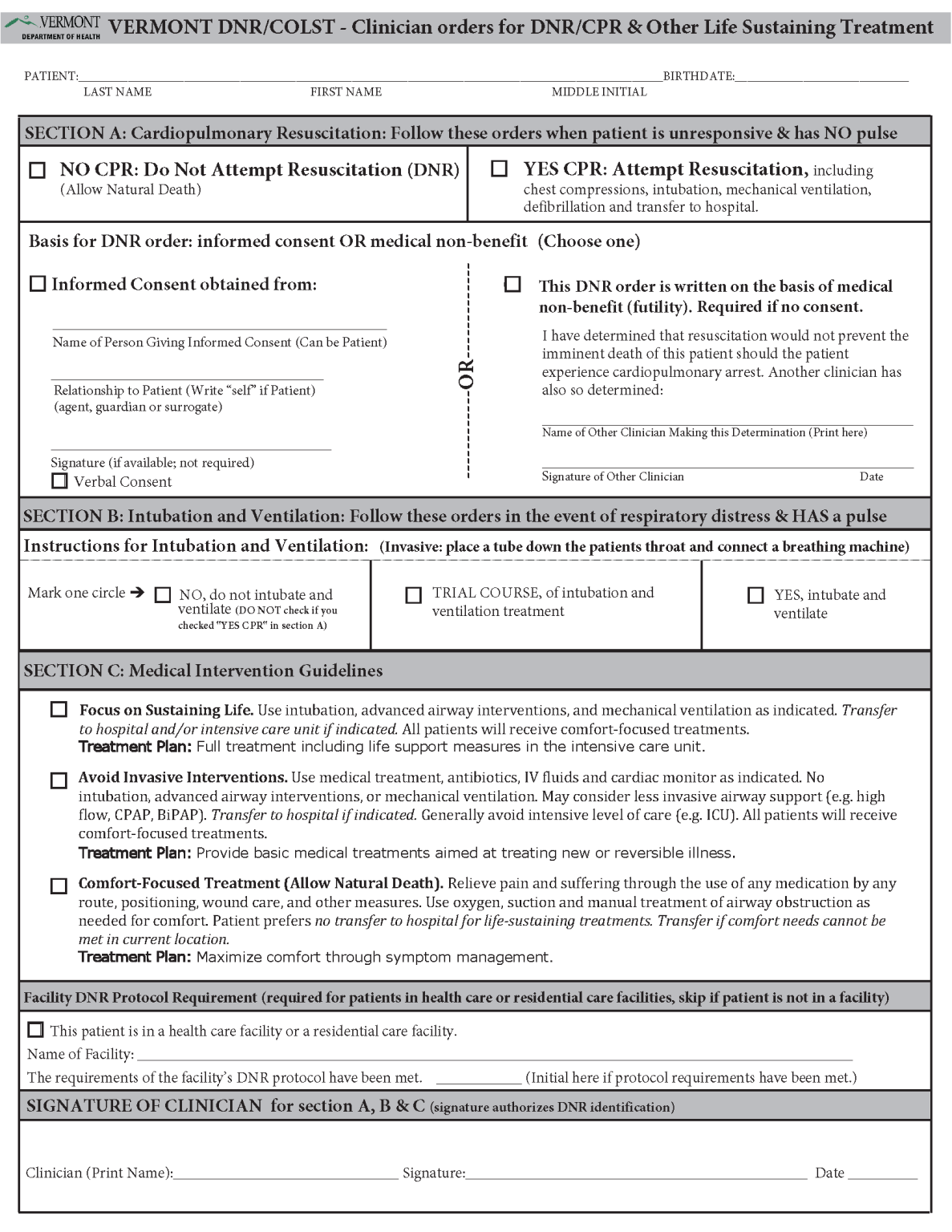 Free Vermont Do Not Resuscitate (DNR) Form | PDF