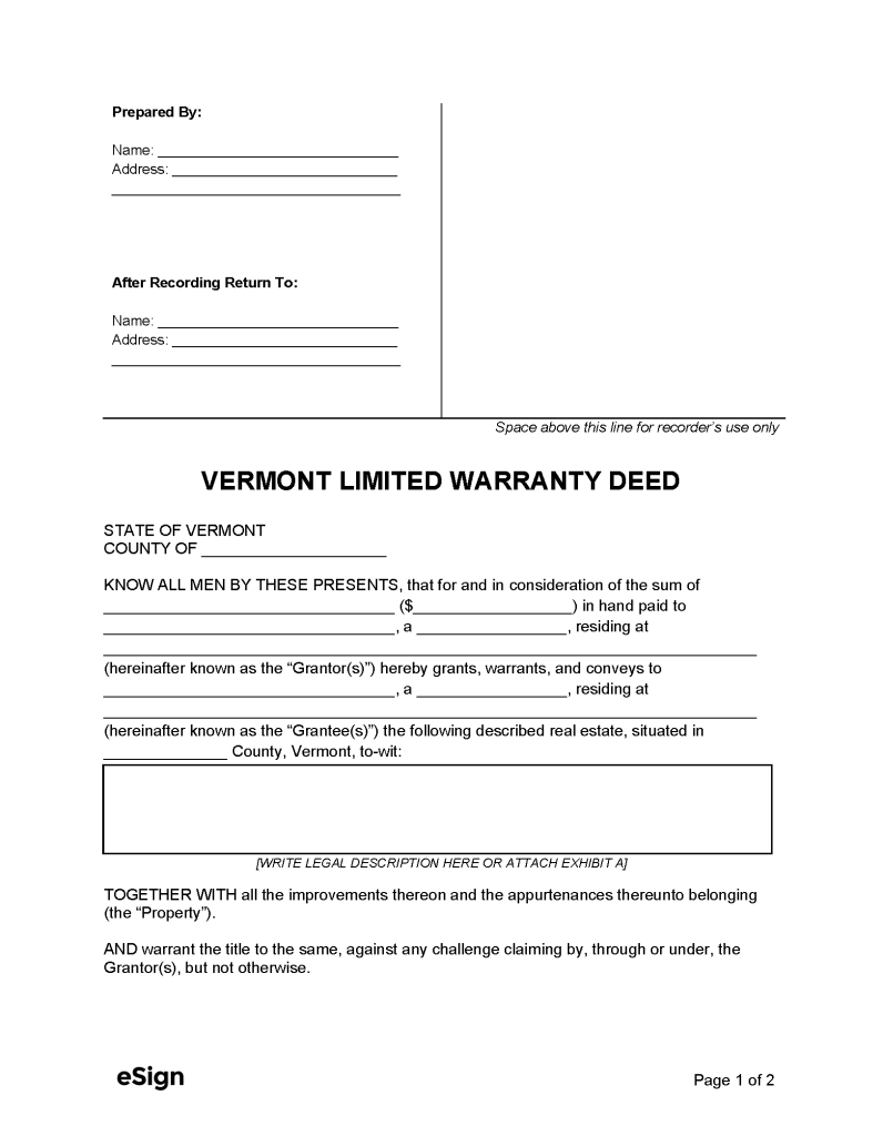 Free Vermont General Warranty Deed Form | PDF | Word