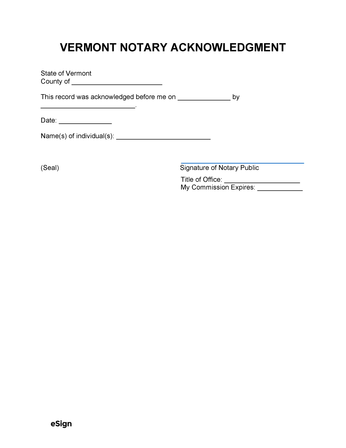 Free Vermont Notary Acknowledgment Form | PDF | Word
