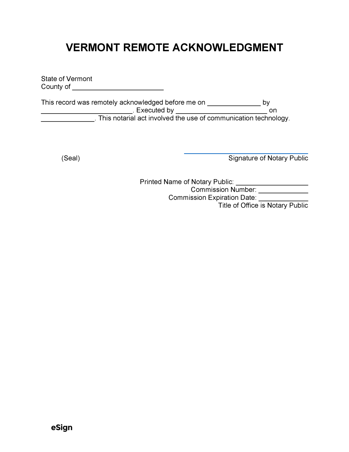 Free Vermont Notary Acknowledgment Form | PDF | Word