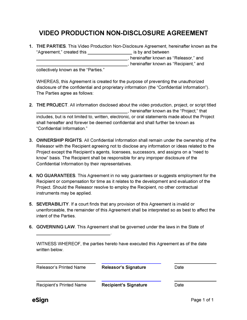Free Non-Disclosure Agreement (NDA) for Video Production | PDF | Word
