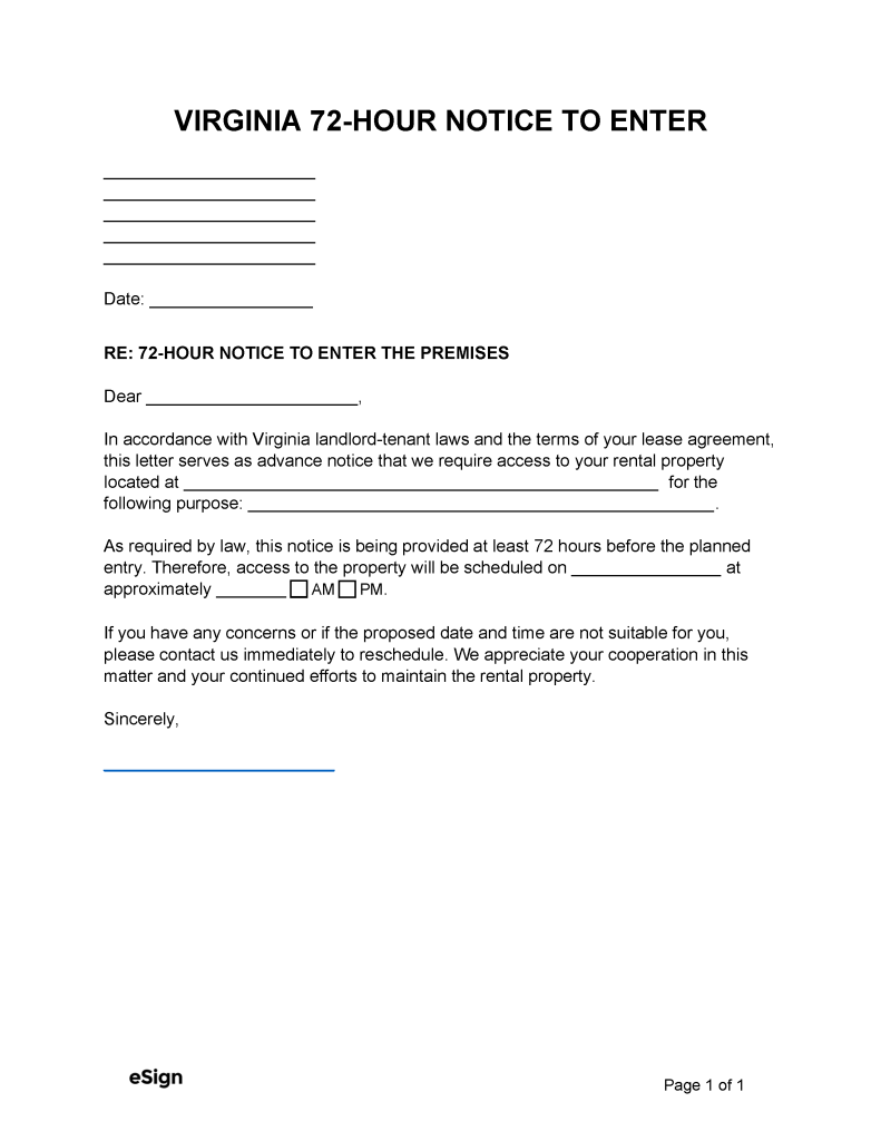 Free Virginia Landlord Notice to Enter | 72-Hour | PDF | Word