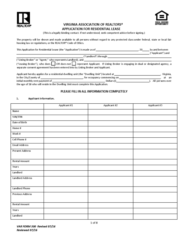 Free Virginia Rental Application Form Template | PDF | Word