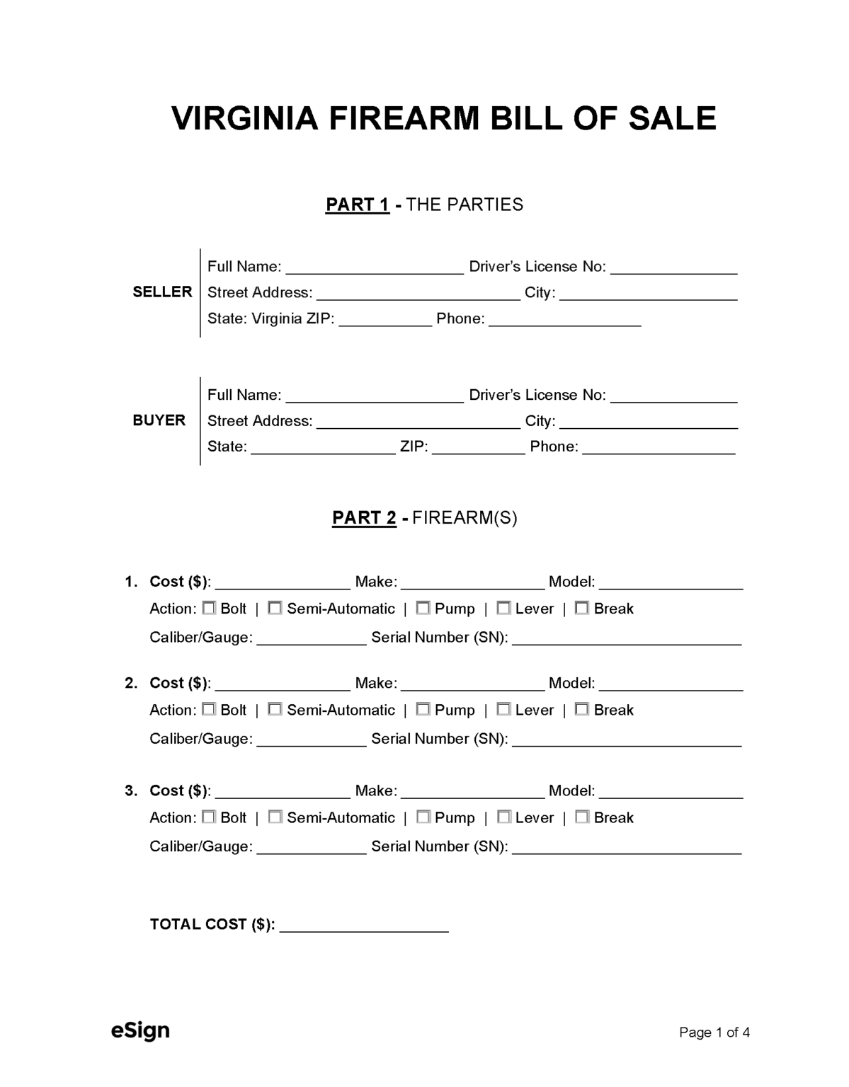 Free Virginia Firearm Bill of Sale Form | PDF | Word