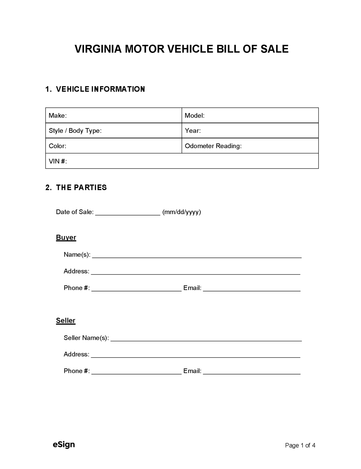 Free Virginia Motor Vehicle Bill of Sale Form | PDF