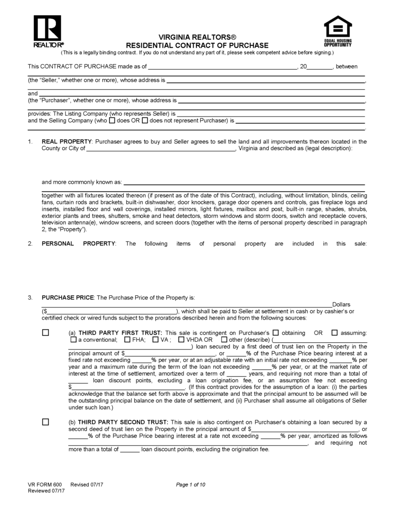Free Virginia Residential Purchase and Sale Agreement | PDF | Word