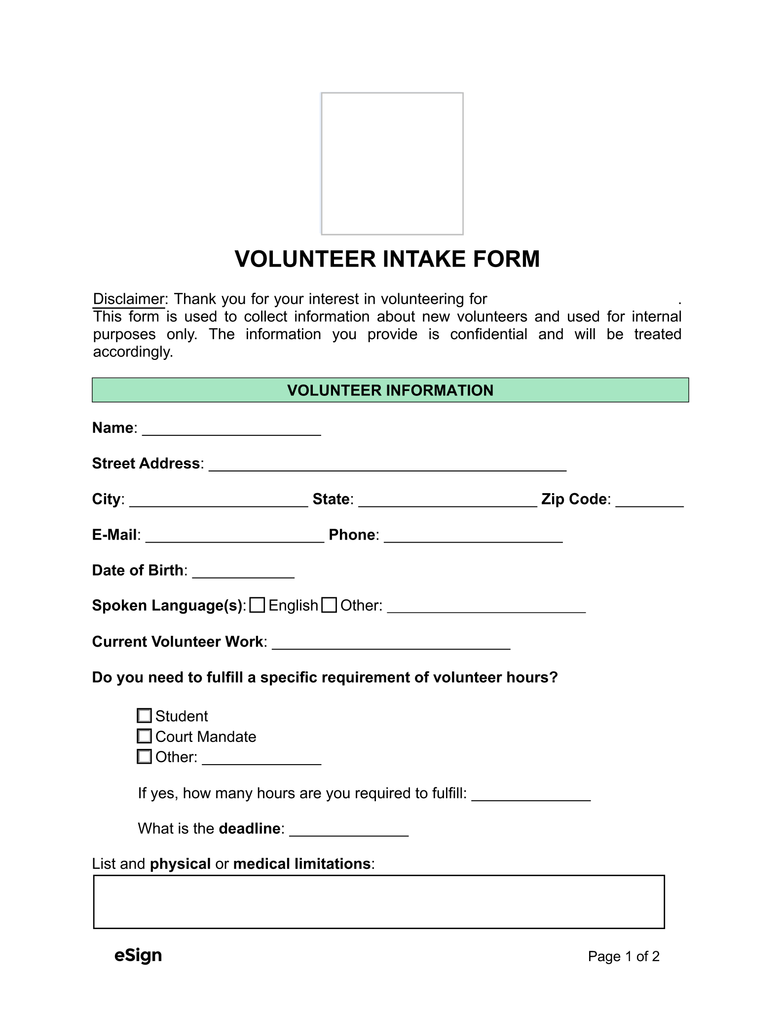 Free Volunteer Intake Form | PDF | Word