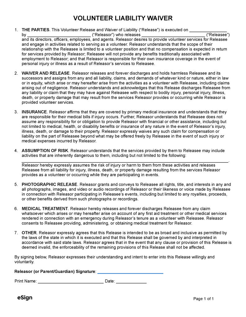 Free Volunteer Liability Waiver | PDF | Word