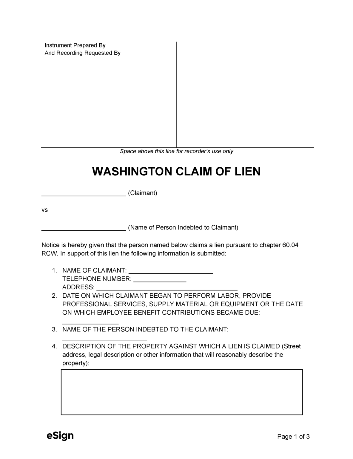 Free Washington Mechanic's Lien Form | PDF | Word