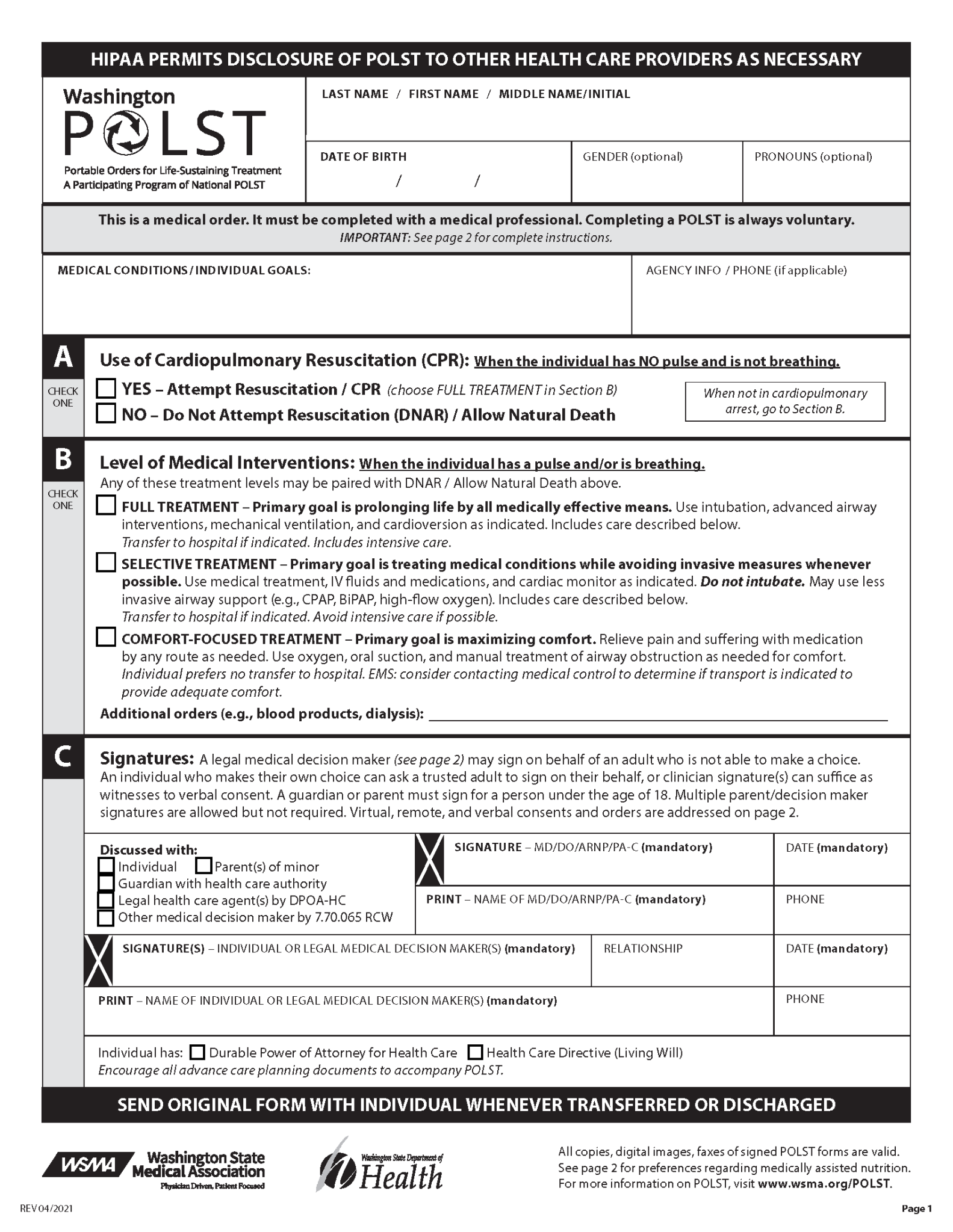 Free Washington Do Not Resuscitate (DNR) Form | PDF
