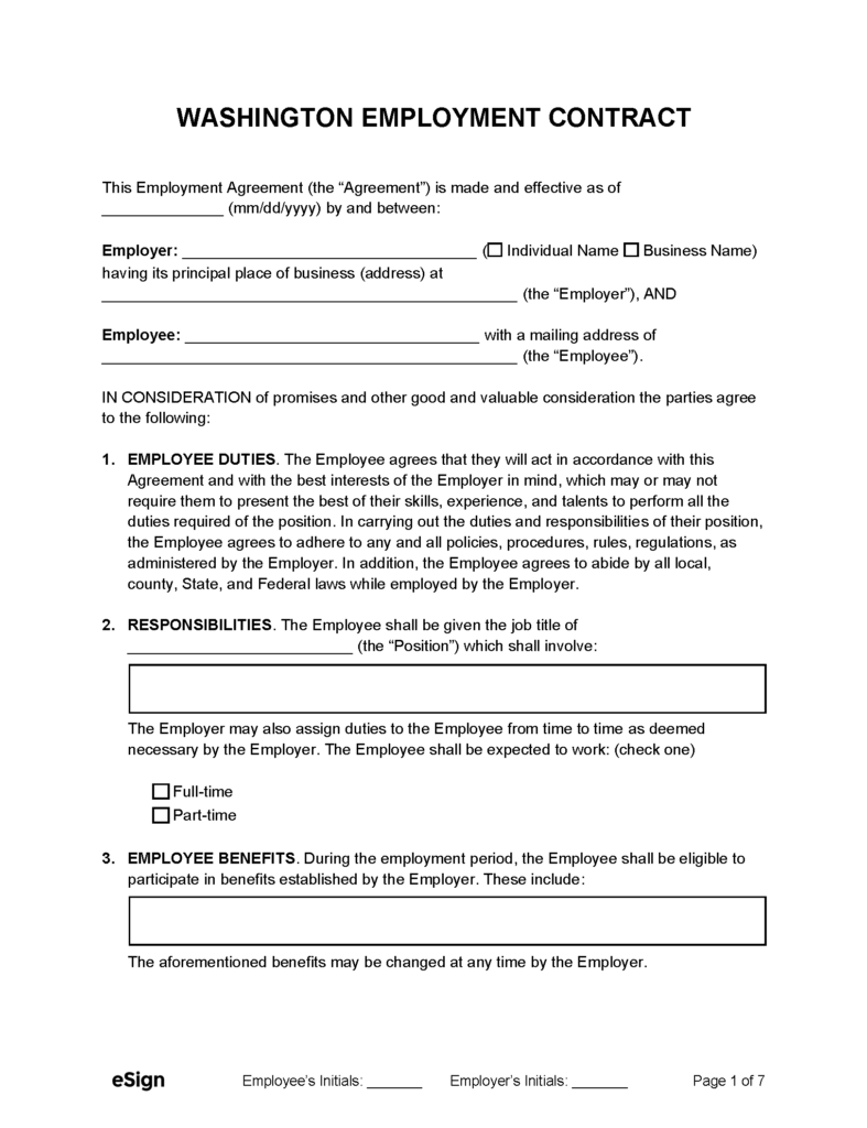 Free Washington Employment Contract Templates | PDF | Word