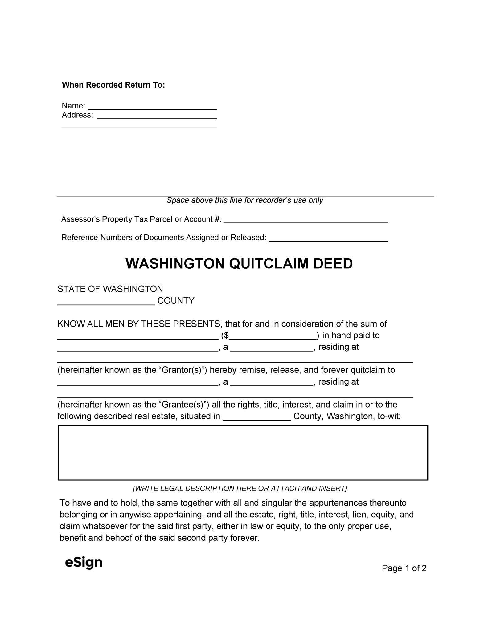 Free Washington Quitclaim Deed Form | PDF | Word