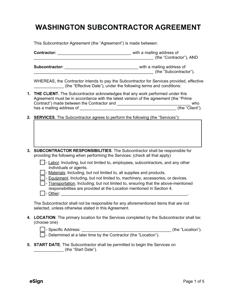 Free Washington Subcontractor Agreement | PDF | Word