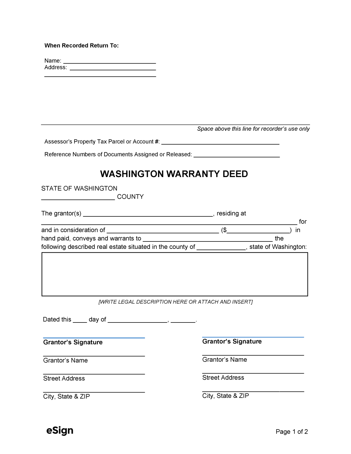 Free Washington General Warranty Deed Form | PDF | Word
