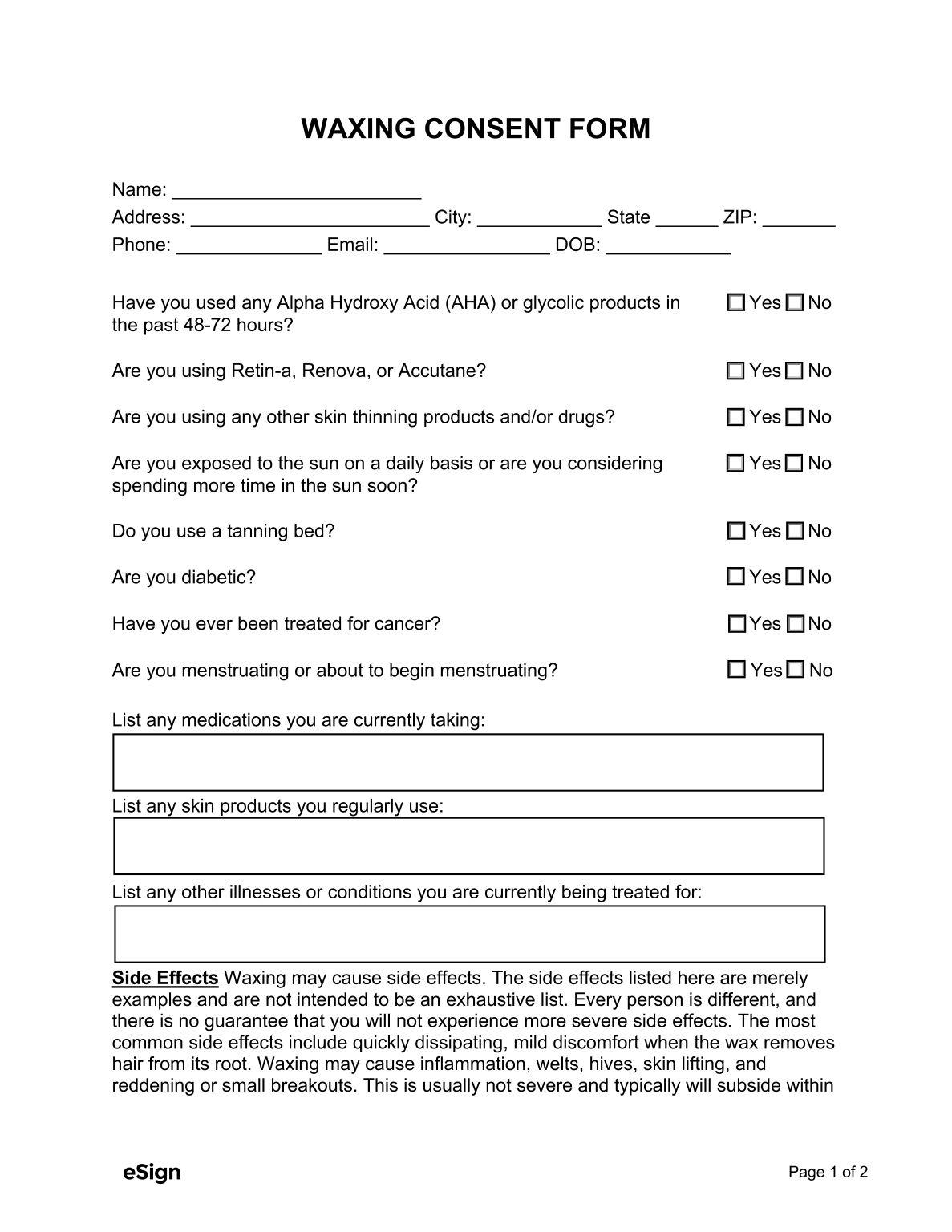 Free Waxing Consent Form | PDF | Word