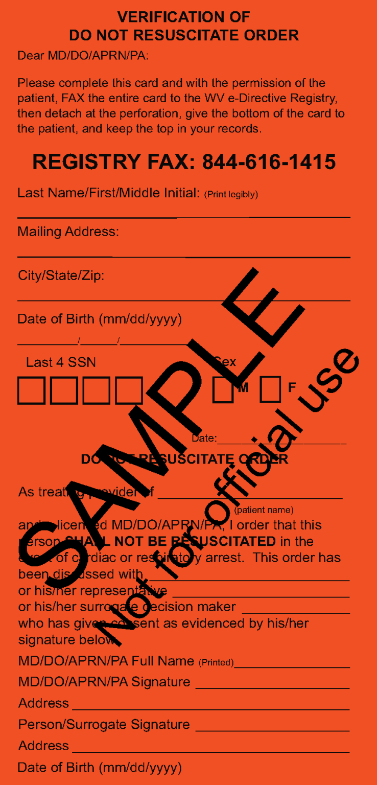 Free West Virginia Do Not Resuscitate (DNR) Form - Sample | PDF