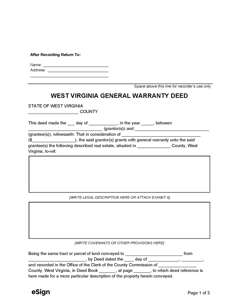 Free West Virginia General Warranty Deed Form | PDF | Word