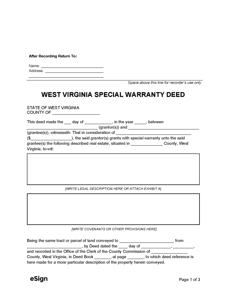 Free West Virginia Special Warranty Deed Form | PDF | Word