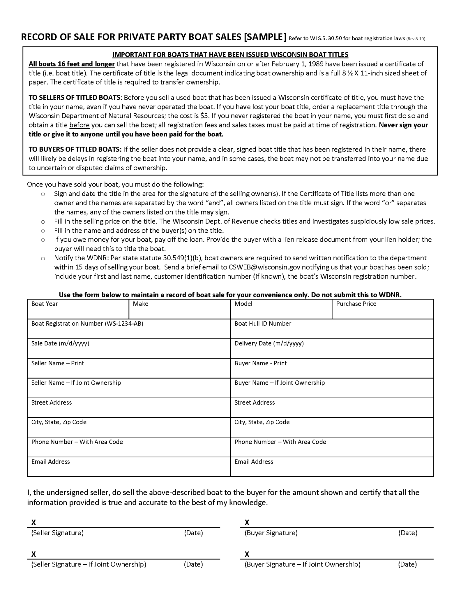Free Wisconsin Boat Bill of Sale Form | PDF